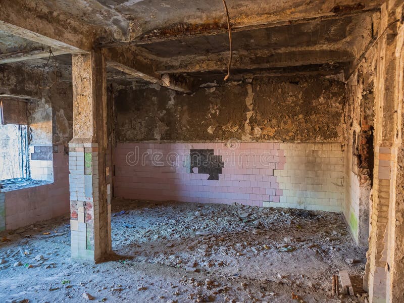 The Premises of an Abandoned Destroyed and Rotten Building. Inside View ...