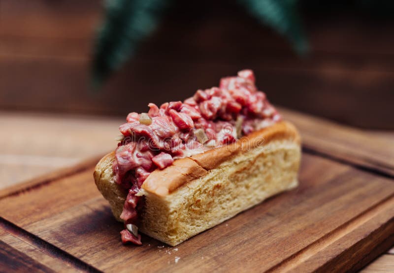Premium Beef Tartare Inside a Muffin Bread Stock Image - Image of onion ...