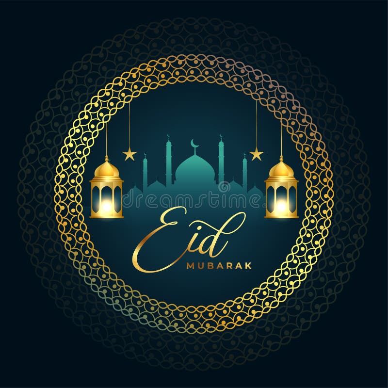 Premium Eid Mubarak Religious Card with Mosque and Lantern Stock Vector ...
