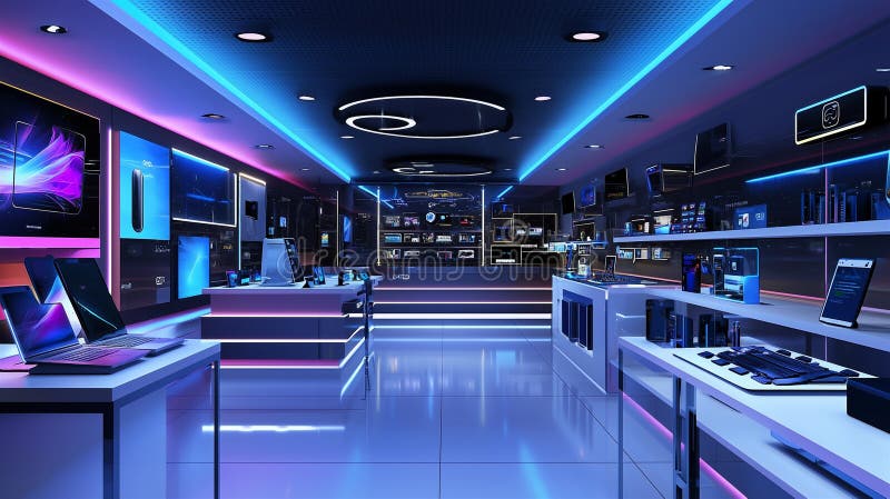 Premium Electronics Store Interior with Vibrant Sales Displays and ...