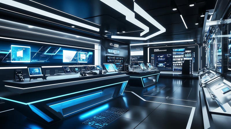 Modern Technology Store Interior Featuring Digital Displays Gadgets ...