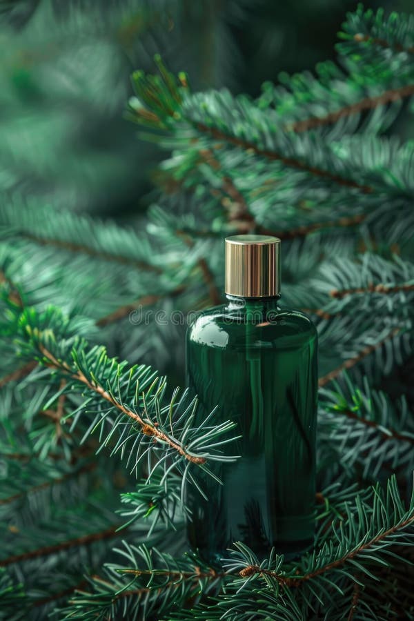 Premium Green Botanical Skincare Bottle in Lush Pine Tree Branches ...