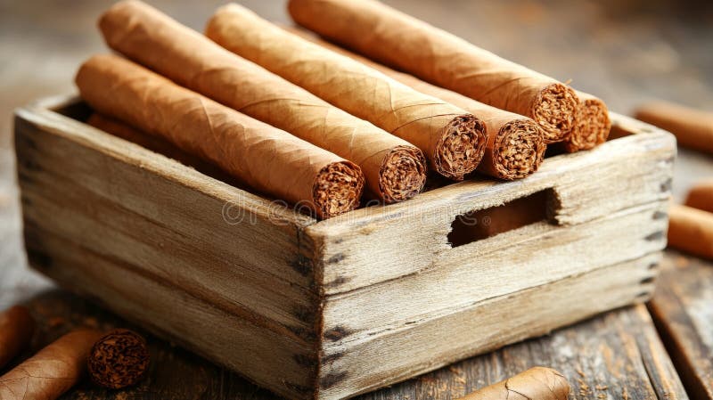 Premium Hand-Rolled Cigars Displayed in a Rustic Wooden Box, Resting on ...