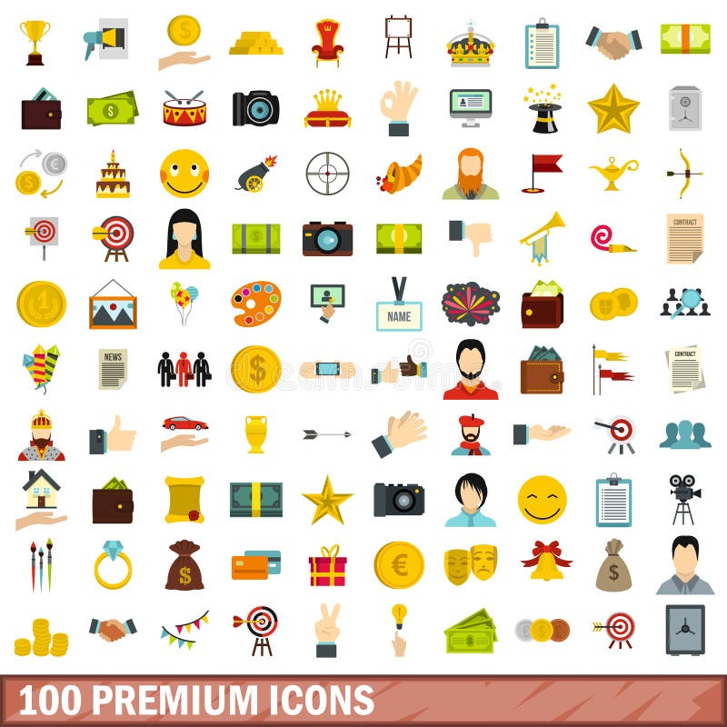 100 Premium Icons Set, Flat Style Stock Vector - Illustration of money ...