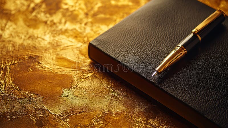 A Premium Leather Journal with a Pen on a Golden Background, Space for ...