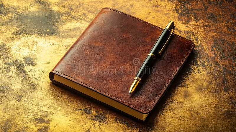 A Premium Leather Journal with a Pen on a Golden Background, Space for ...