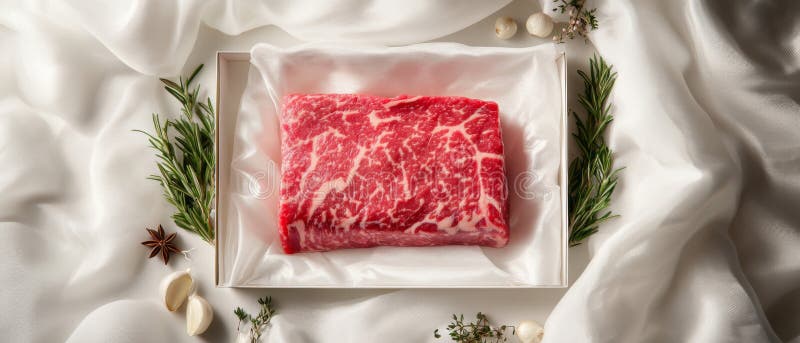 Premium Marbled Beef on Silk with Herbs and Garlic Display Stock Photo ...