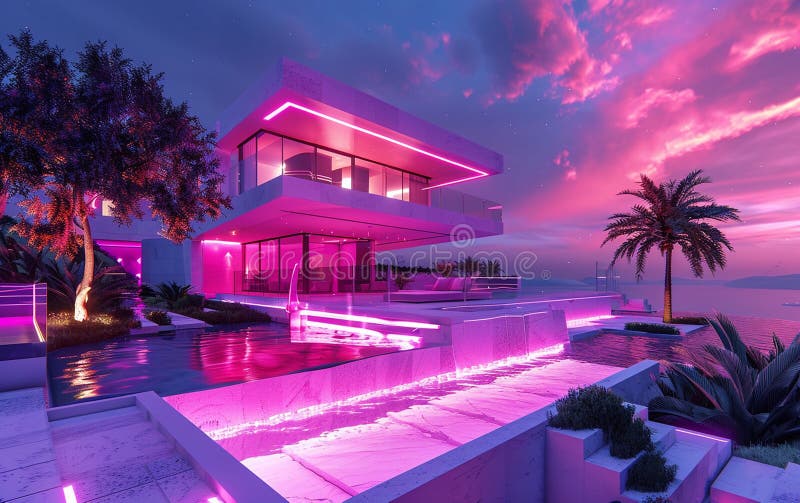 Premium Neon Purple Modern Single-Story House -Generative Ai Stock ...