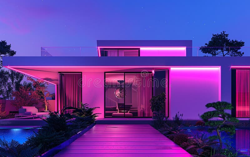 Premium Neon Purple Modern Single-Story House -Generative Ai Stock ...