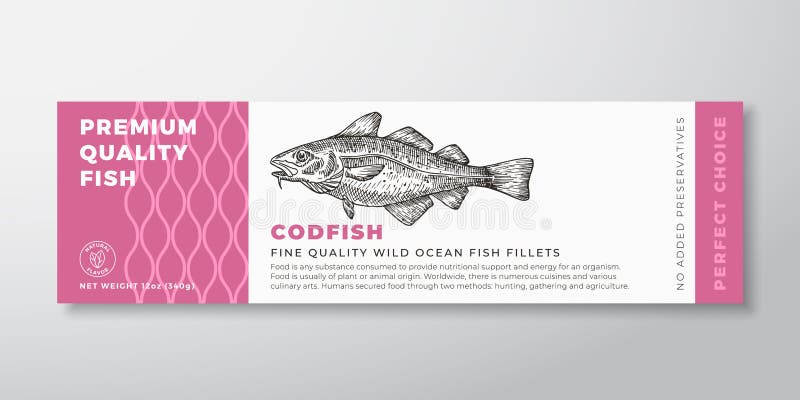 Premium Quality Codfish Vector Packaging Label Design Modern Typography and Hand Drawn Cod Fish ...