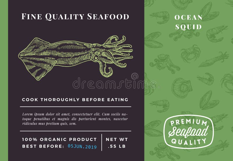 Premium Quality Seafood Abstract Vector Squid Packaging Design or Label ...