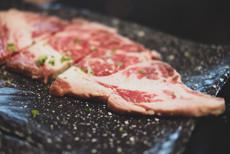 Premium Rare Sliced Beef Served for Yakiniku Stock Photo - Image of ...