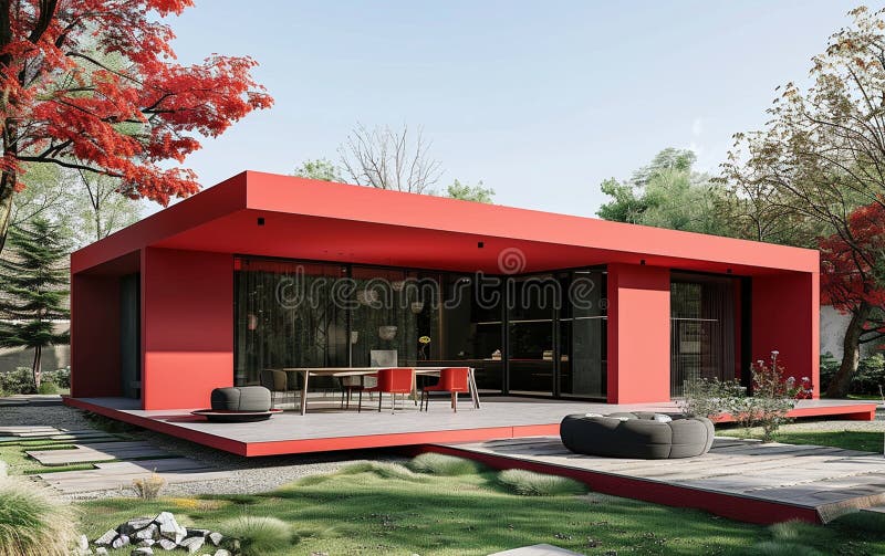 Premium Red Modern One-Floor House -Generative Ai Stock Image - Image ...
