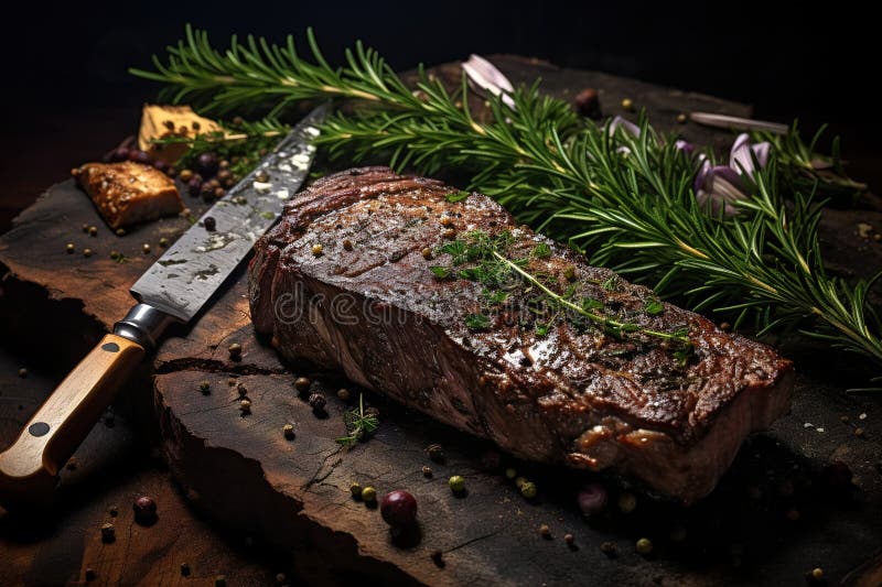 Premium Selection of Fresh Meats, Herbs and Spices Set Against a Dark ...