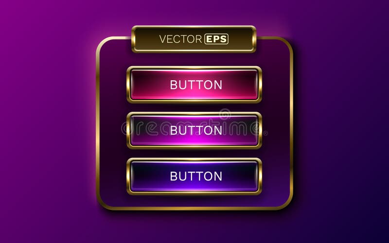 Premium UI Interface Panel with Gold Frame and Neon Vibrant Purple Buttons. Vector Illustration ...