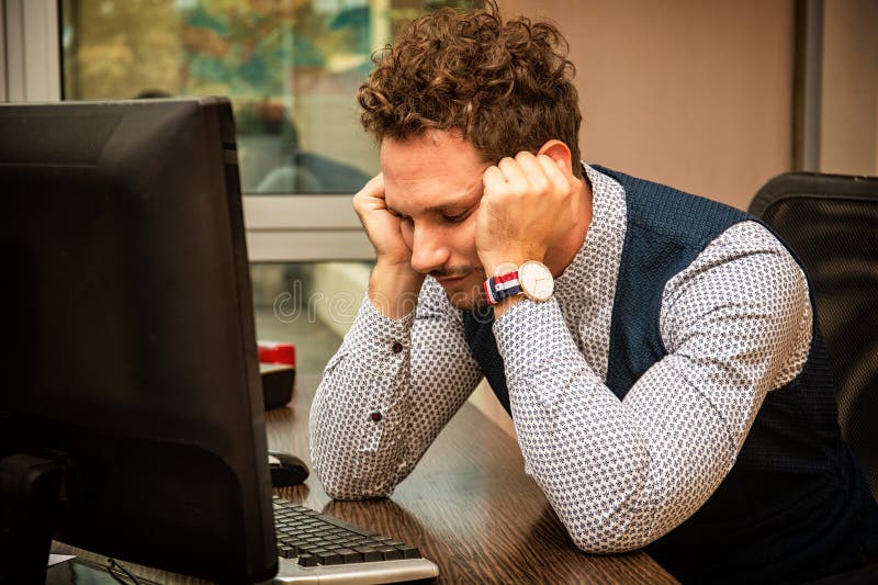 Preoccupied, Worried Male Worker Staring at Computer Stock Image ...