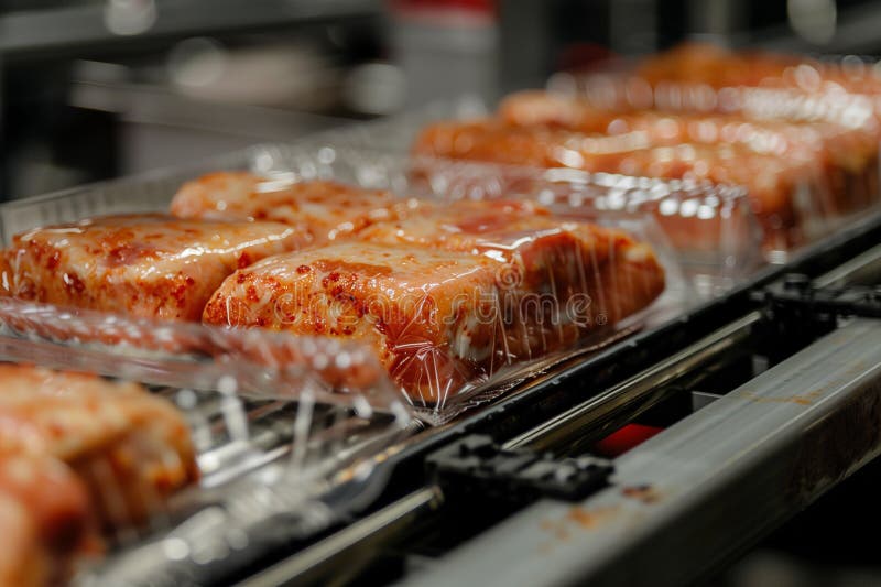 Prepackaged Meals in Clear Containers on an Industrial Conveyor Belt ...