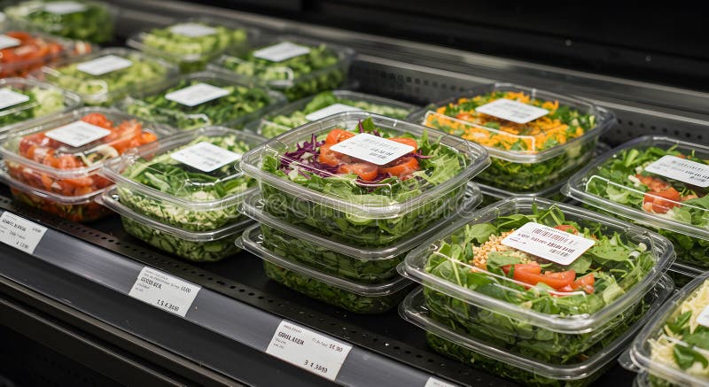 Prepackaged Salad Selection in Supermarket Refrigerated Display Stock ...