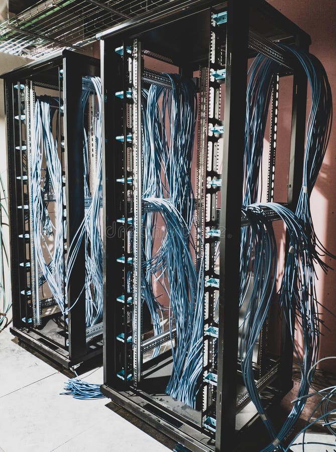 Network Server Rack with Colored Cables and Ethernet Switches in the ...