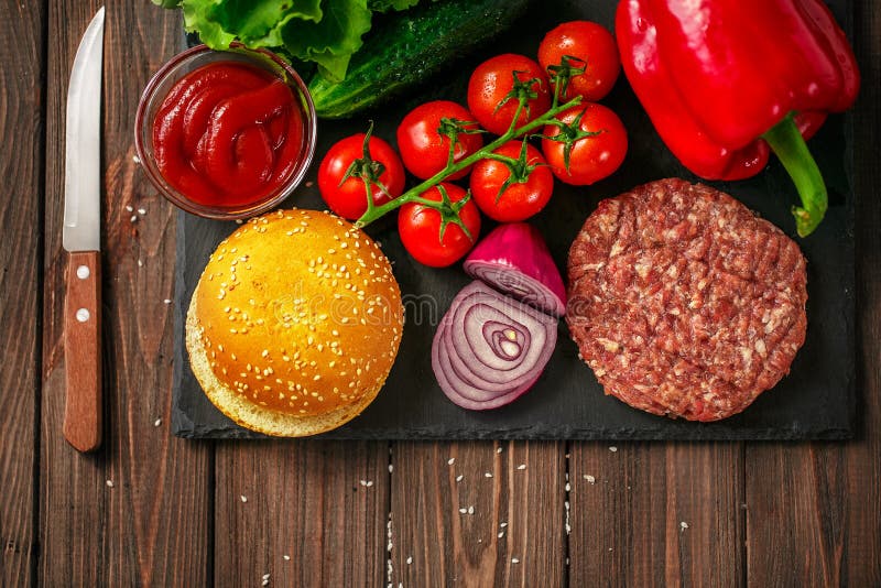 Preparation of burger stock image. Image of seasoning - 110154389