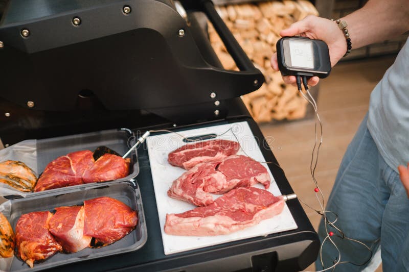Preparation for Cooking Meat on an Open Grill with Temperature Check ...