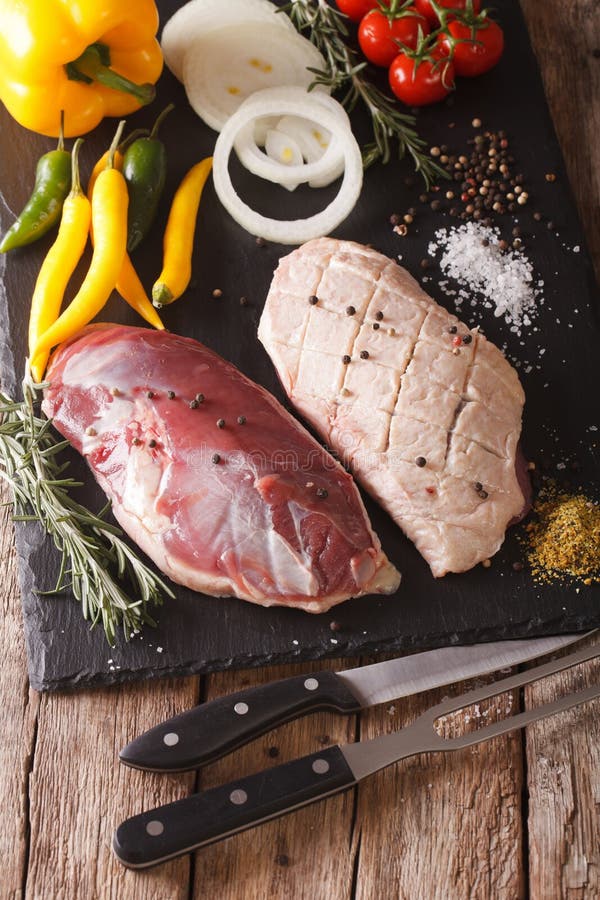 Preparation for Cooking Raw Duck Breast with Vegetables and Spic Stock ...