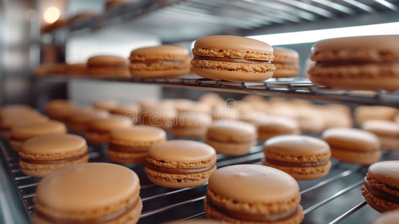 The Preparation of Delicious Macarons in a Bakery, Rows of Fresh ...