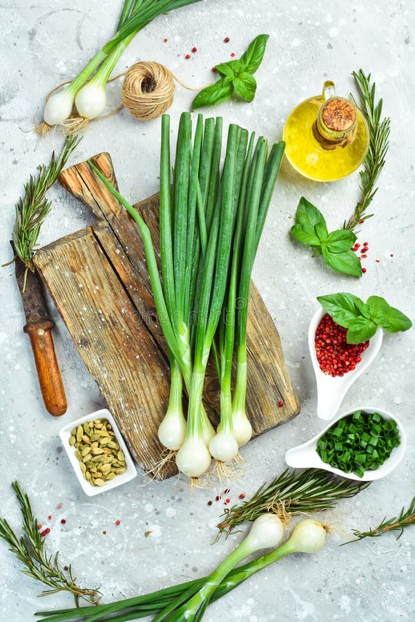 Preparation. Fresh Green Onions on the Kitchen Table Stock Image ...