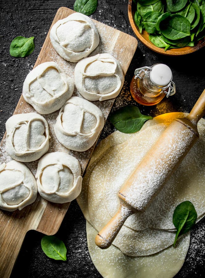 Preparation Homemade Raw Manta Dumpling with Spinach Leaves Stock Image ...