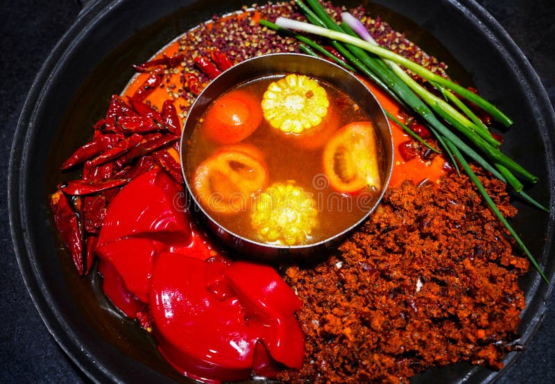 Preparation of the Ingredients of Chinese Mala Hotpot Soup Stock Image ...