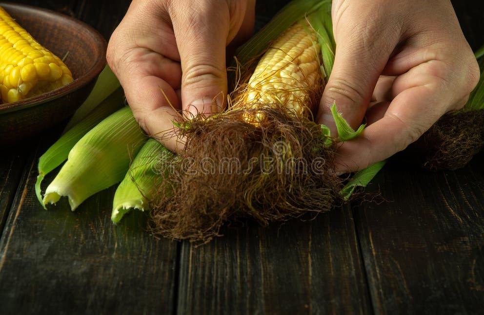 Preparation of Maize on the Kitchen Table with the Hands of a Chef ...