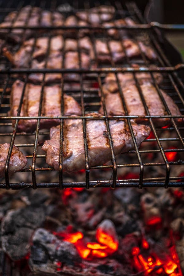 Meat Cooking on the Grill with Open Fire and Coals Stock Image - Image ...