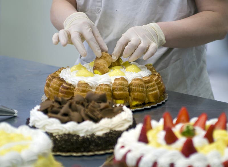 Preparation of Pastry Cake, Decoration with Cream Cannoli Stock Image ...
