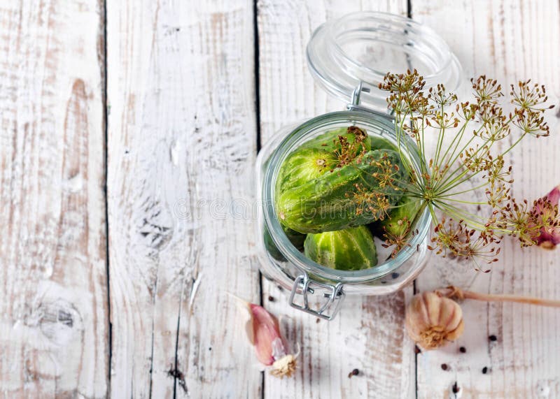 Preparation Pickled Marinated Cucumbers with Dill and Garlic. Flat Lay ...
