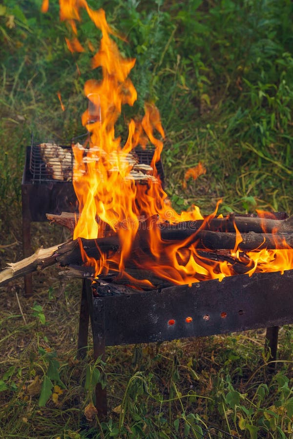 Preparation for Picnic. Make a Fire Stock Photo - Image of rusty, grill ...