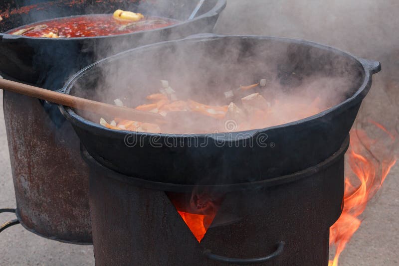 Preparation Pilaf in the Pan Over an Open Fire Stock Photo - Image of ...
