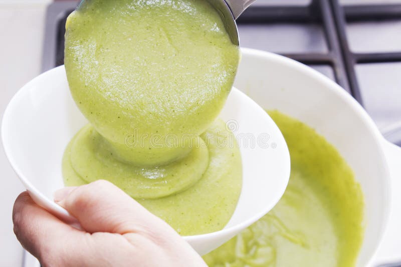 Preparation Puree the Soup Closeup in White Pot. Stock Image - Image of ...