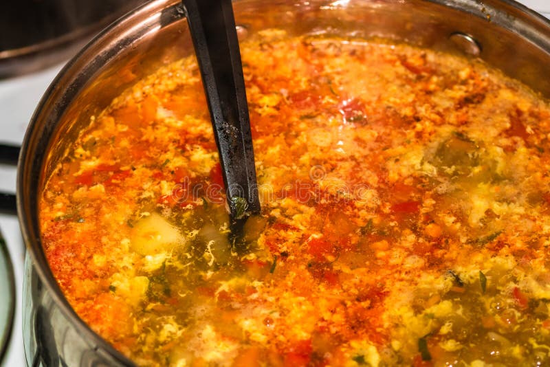 Preparation of Soup with Chicken and Vegetables. Close Up of Boiling ...