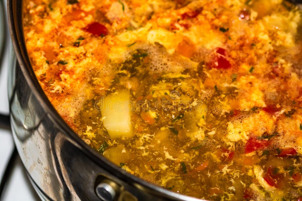 Preparation of Soup with Chicken and Vegetables. Close Up of Boiling ...