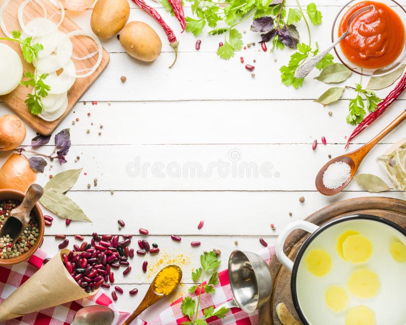 Preparation of Soup at Home. Rustic White Background with Vegetables ...