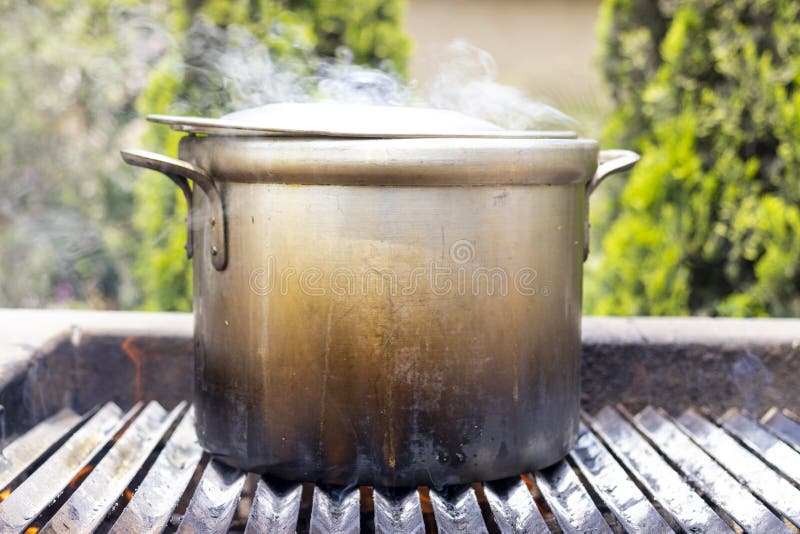 Preparation of Soup in a Pot, in Nature Stock Photo - Image of burning ...