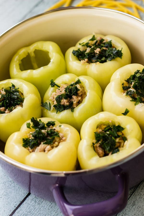 Preparation of Stuffed Yellow Peppers Stock Photo - Image of meal ...