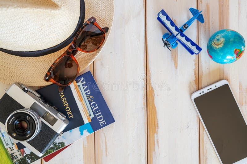 Preparation for Travel. Straw Hat, Map, Airplane and Passport, Flat Lay ...