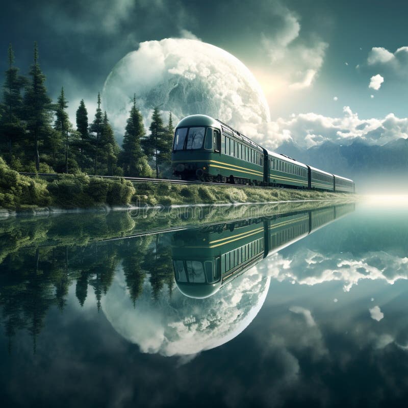 Train through a Surreal and Dreamlike Landscape Reflecting on Calm ...