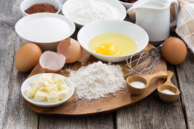Prepared Baking Ingredients On Wooden Table, Horizontal Stock Image ...