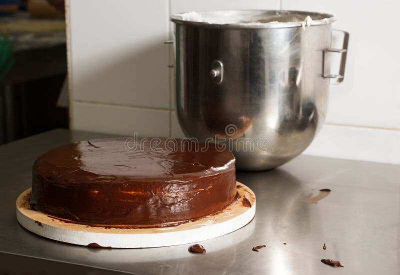 Prepared Chocolate Cake with Glaze Icing, Final Stage of Cooking. the ...