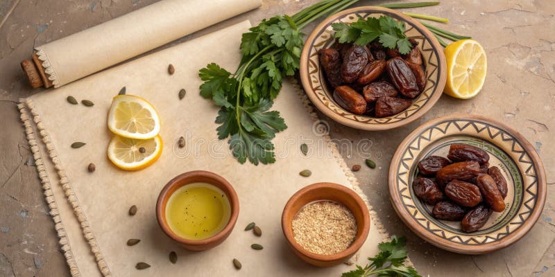 Prepared Dates with Herbs and Spices on a Rustic Kitchen Table at ...