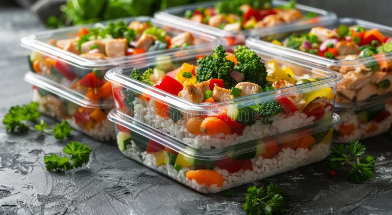 Prepared Meal Containers with Diced Mango, Chicken, and Rice Stock ...