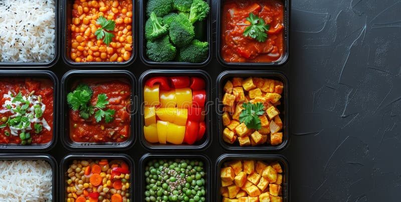 Prepared Meal Containers with Various Vegetables, Rice, and Protein ...