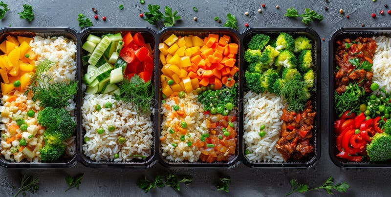 Prepared Meal Containers with Various Vegetables, Rice, and Protein ...